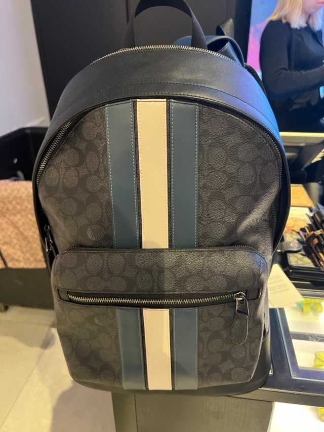 Coach M black logo stripe lathe backpack - 陳記美加代購